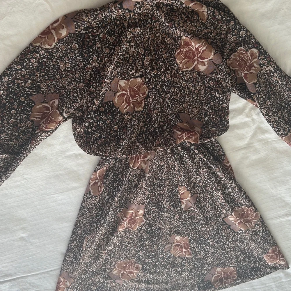 Vintage | Dresses | Vintage 97s Floral Blouson Dress Brown Mixed Print ...